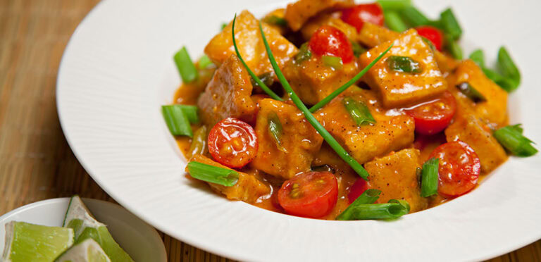 Pan-Seared Tofu in Orange Peanut Sauce - A Taste of Thai